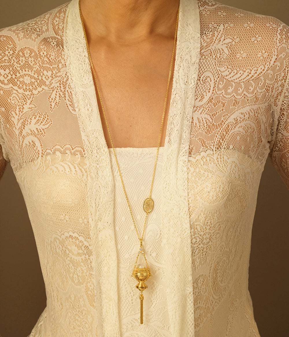 Canang Pearl Necklace with Tassel Gold dip – Tulola Jewelry